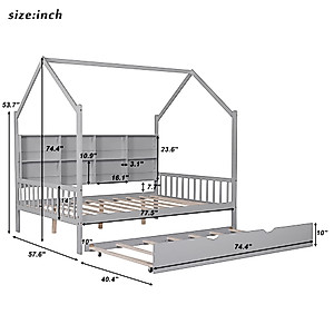 House Bed with Trundle and Storage Shelves, Montessori Bed Full Size Platform Bed Frame with Roof, Tent Bed, Solid Wood Playhouse Bed for Kids Teens Girls Boys (Full Size, Gray)