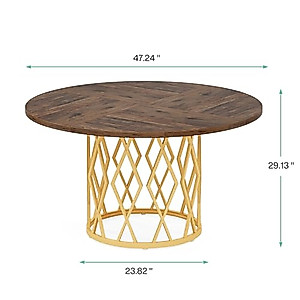 Tribesigns Round Dining Table for 4 People, Circle Dining Room Table with Metal Base, 47.2 Inch Round Kitchen Dinner Table for Living Room Kitchen Dining Room (Gold and Brown)