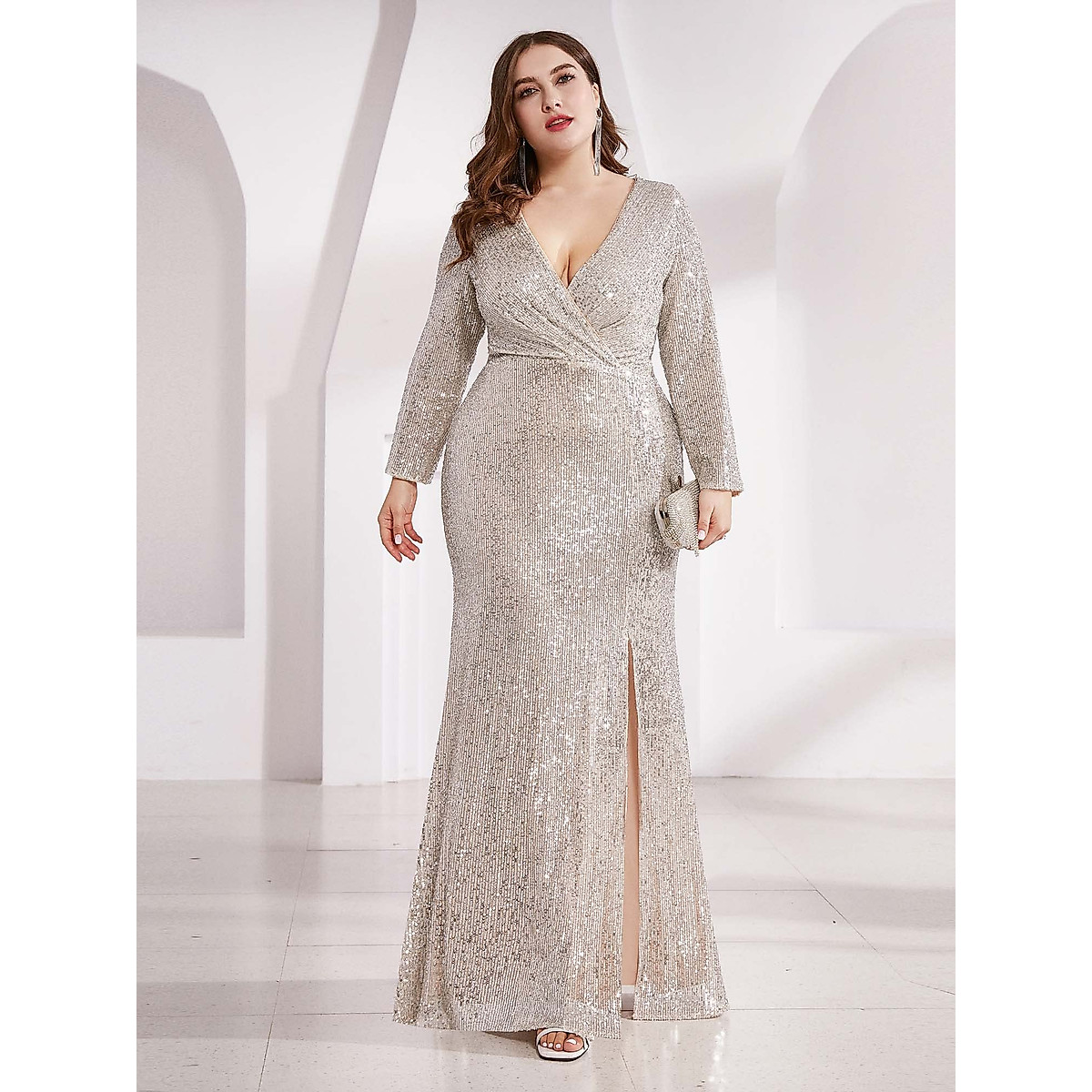 Ever-Pretty Women's Deep V-Neck Front Wrap High Thigh Slit Sequin Dress Plus Size Champagne US16