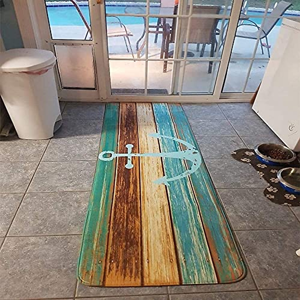 Bathroom Rugs, Kitchen Rug Non-Slip Soft Absorbent Bath Mats with Nautical Anchor Flannel for Bathroom Kitchen and Hallway 24 inches X 71 inches Turquoise/Brown