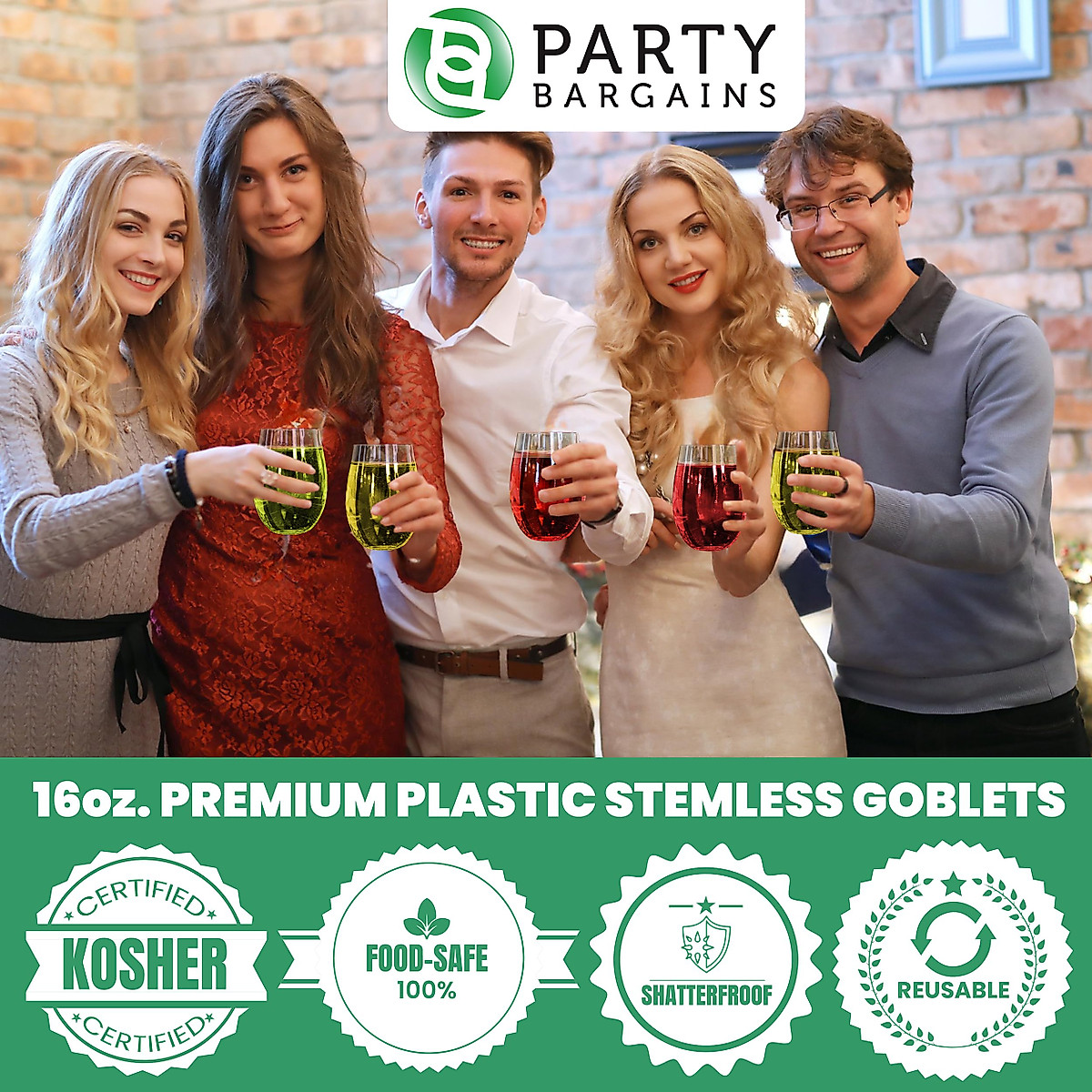 PARTY BARGAINS Stemless Goblet, 16 oz, Clear, 6 Pack, Heavy Duty Plastic Wine Glasses, Decorative Drinking Cups for Weddings, Baby Showers, Barware, Drinkware