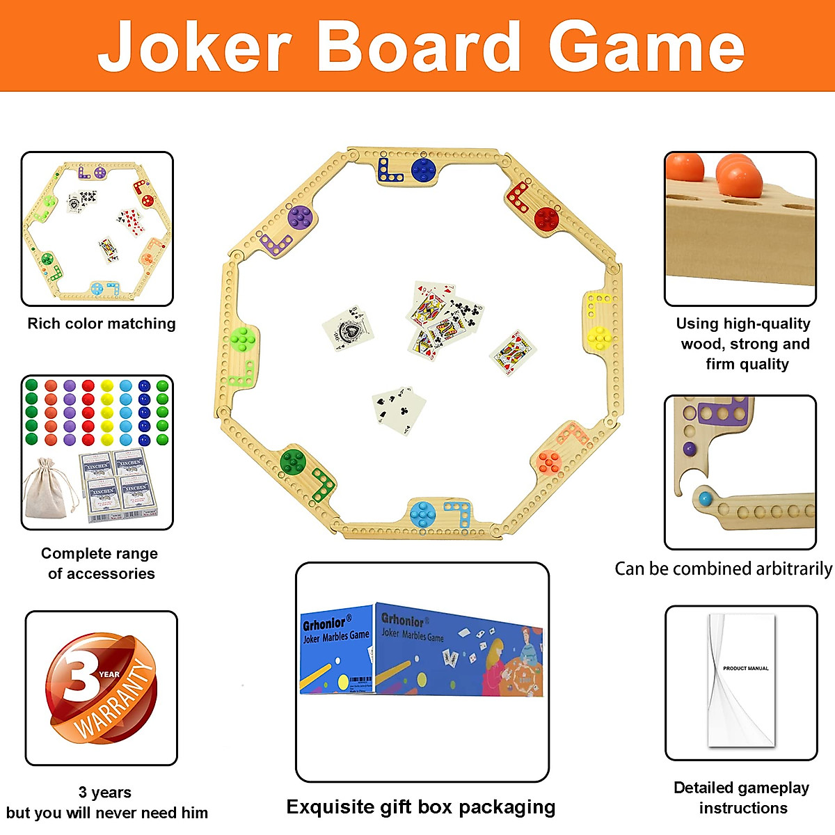 Grhonior Marbles and Jokers Board Game Pegs and Jokers Real Solid Wood (Pine) Game Board Wooden for 2-8 Players 8 Game Boards 8 Colors 40 Marbles 4 Boxes Card