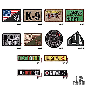 14er Tactical K9 Unit Dog Patches (12-Pack) | Embroidered Service Animal, Ask to Pet, Do Not Pet, Therapy Dog In Training | ESA Hook and Loop Patches for Dog Vest, Military Harness, Collar and Leashes