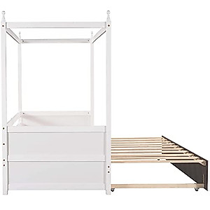 Wooden Canopy Daybed with Trundle Bed, Twin Bed to King Design Sofa Bed, 78.3" L x75.9 W Extendable Bed Daybed for Bedroom Living Room