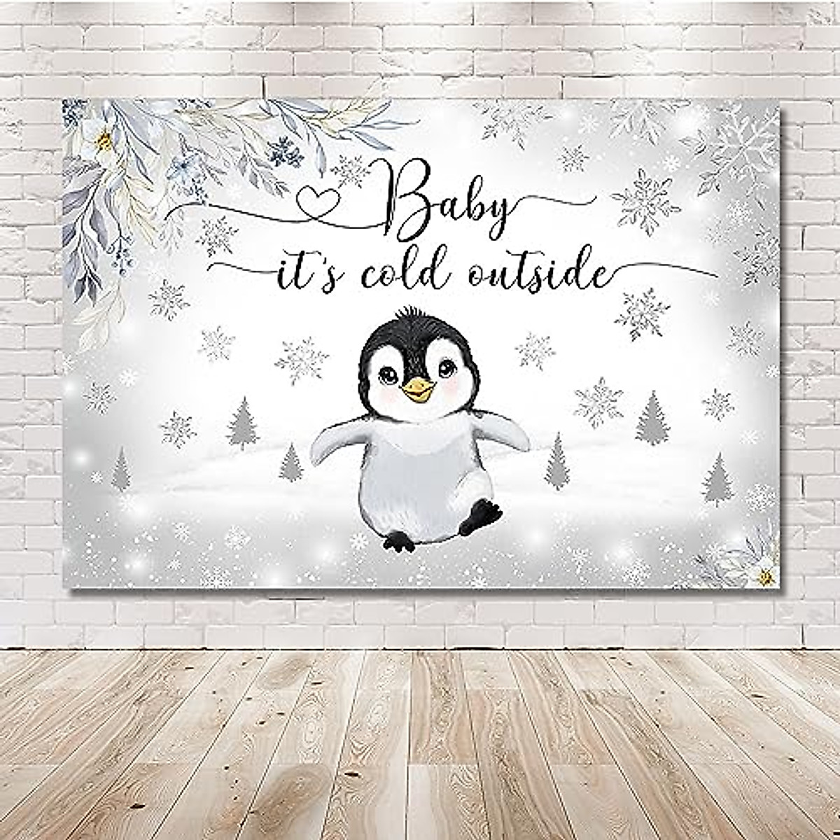 MEHOFOND 7x5ft Penguin Winter Baby Shower Backdrop Baby It's Cold Outside Background Silver Gliter Artic Animals Baby Shower Party Banner Decorations Photo Booth Props