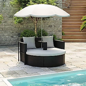 RINDIGOO Patio Seating Patio Bed with Parasol Black Poly Rattan,AllWeather Patio Rattan Lounge Set with Parasol and Detachable Footrest for Outdoor Relaxation Outdoor Furniture