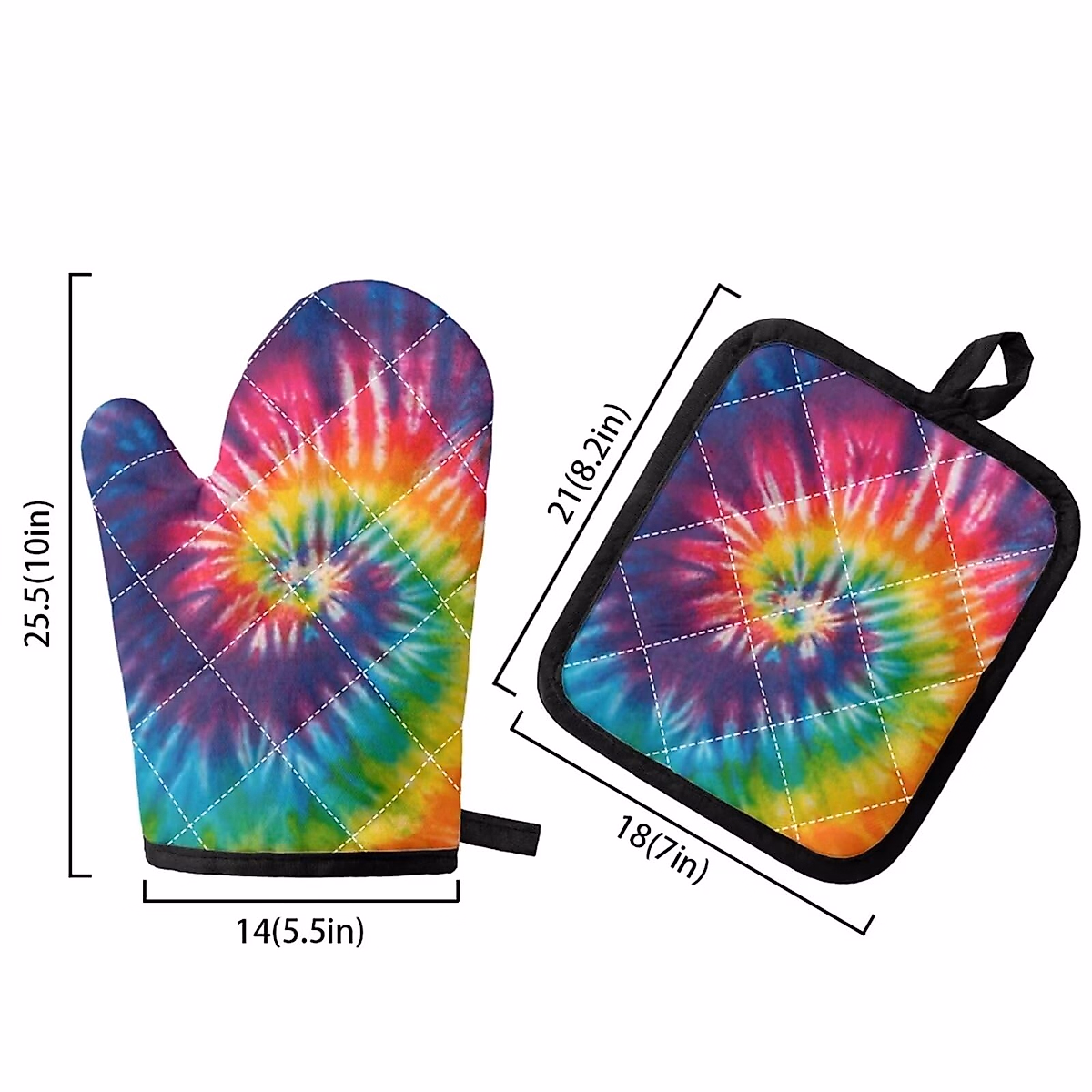 BIGCARJOB Set of 2 Pack Kitchen Oven Gloves Pot Pads with Rainbow Tie Dye Printed Oven Mit Set Womens Girls BBQ Gloves Pot Mats Potholders for Kitchen Baking Cooking