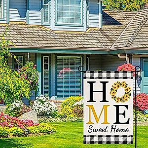 QWETRY Sunflower Home Sweet Home Garden Flag for Outside Summer Flags for Farmhouse Lawn Outdoor Décor, Burlap Vertical Buffalo Check Plaid Flower Small Rustic Yard Flags 12.5 x 18 Inch Double Sided