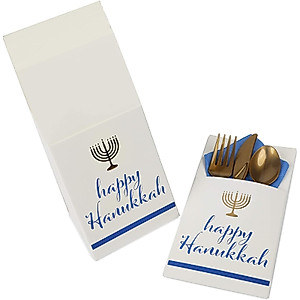 Happy Hanukkah Paper Utensil Holder, Gold Menorah (White, 3.7 x 7.5 In, 36 Pack)
