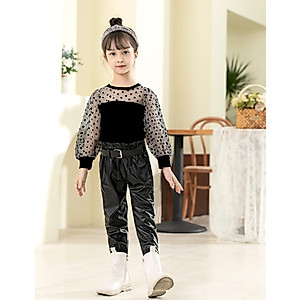 Fommy Toddler Girl Clothes, 5-6T Girls Clothes Mesh Puff Long Sleeve Top + PU Leather Pants 2Pcs Girls Outfit Set