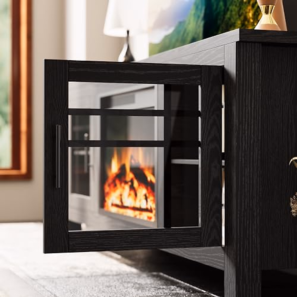 IRONCK 59” TV Stand with 23” Electric Fireplace, Glass Door TV Stand for TVs up to 65", Wood Entertainment Center for Living Room, Bedroom - Black