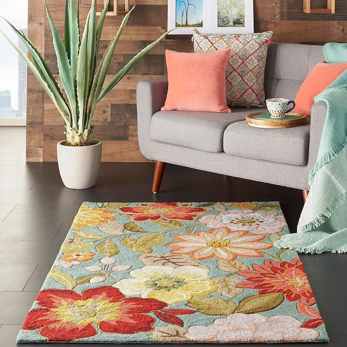 Nourison Fantasy Aqua 3'6" x 5'6" Area-Rug, Modern, Floral, Bed Room, Living Room, Dining Room, Kitchen, Easy washing, Non Shedding, (4' x 6')