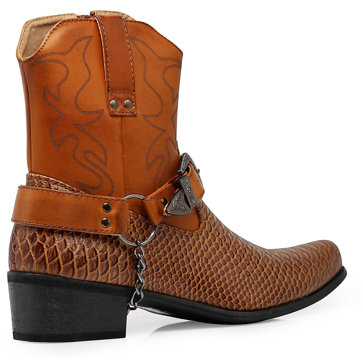 Alberto Fellini Men's Crocodile Prints Western Cowboy Boots with Side Zipper, Belt Buckle and Metal Chain (10.5, Brown)