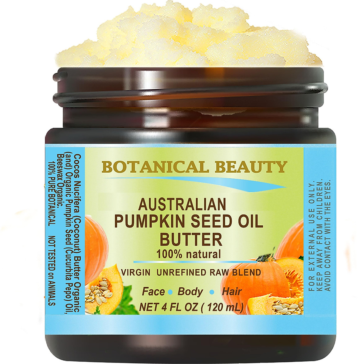 Botanical Beauty' PUMPKIN SEED OIL BUTTER Australian Natural VIRGIN UNREFINED RAW for Face, Skin, Damaged Hair, Lip, Nails 4 Fl.oz.- 120 ml