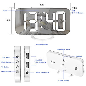 U-pick Digital Alarm Clock, 6.6" Large Mirrored LED Clock with Dual USB Charger Ports | Easy Snooze Function | 3 Adjustable Brightness Suitable for Bedroom Home Office (White)