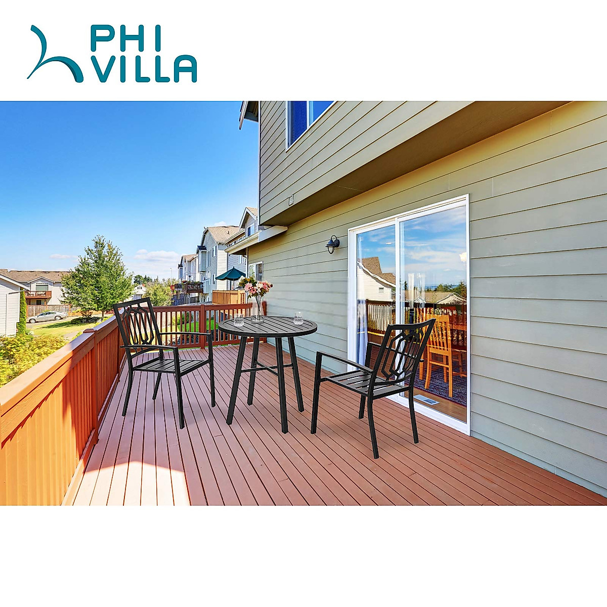 PHI VILLA Metal Outdoor Patio Bistro Set 3 Piece Dining Furniture - Black