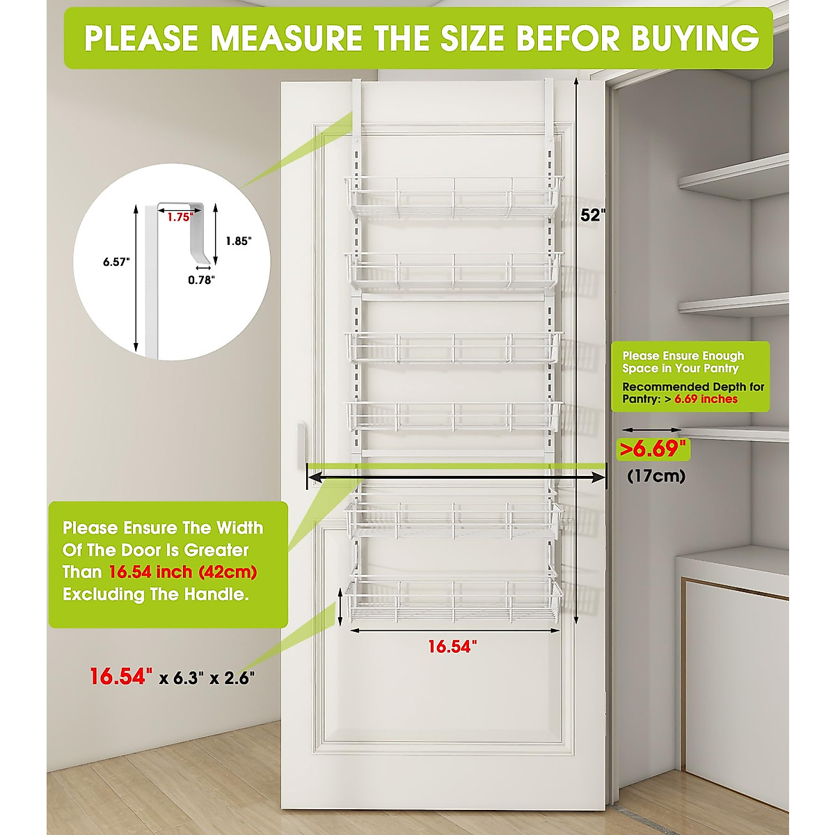 Mefirt Over The Door Pantry Organizer, Wall Mount Spice Rack, Pantry Hanging Storage and Organization, 6 Adjustable Baskets Heavy-Duty Metal for Home & Kitchen, Back of Door Seasoning Rack - White