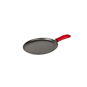 Lodge Cast Iron Round Griddle with Red Silicone Hot Handle Holder, 10.5-inch