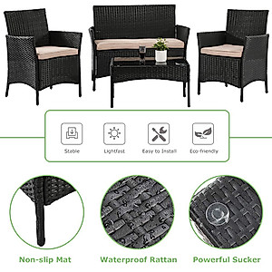 Outdoor 4 Pieces Rattan Chair Sofa Conversation Set Patio Wicker Set with Table Backyard Lawn Porch Garden Poolside Balcony Furniture (Black)