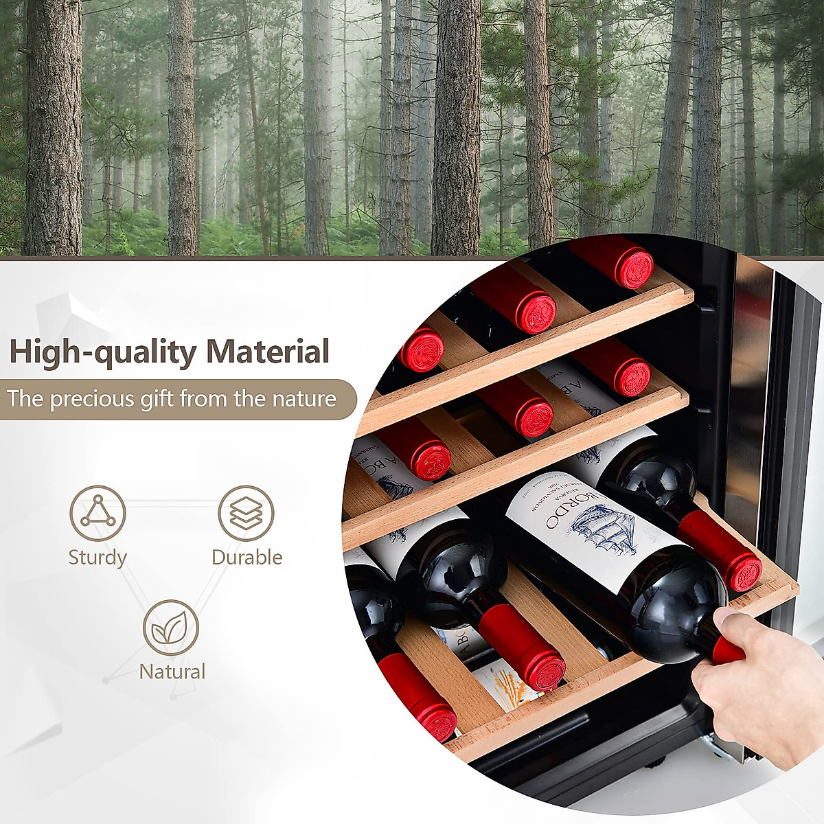 COSTWAY 20-Inch Wine Cooler Refrigerator, 43 Bottles Dual Zone Wine Cellar with 8 Wooden Shelves, Tempered Glass Door, Built-in or Freestanding Mini Wine Fridge for Home Office Bar