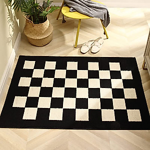 BOVEU Indoor Door Mat Front Door Mat, 20"x 32" Checkered Geometric Doormat Black Indoor Rugs, Thin Interior Door Mats for Entryway, Patio, Black