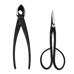 Wazakura Japanese Bonsai Tool Kit Set Made in Japan, Satsuki Scissors 7inch(180mm) + Concave Branch Cutter 8inch(200mm) Gift Box (Yasugi Steel Satsuki Scissors + Concave Branch Cutter)