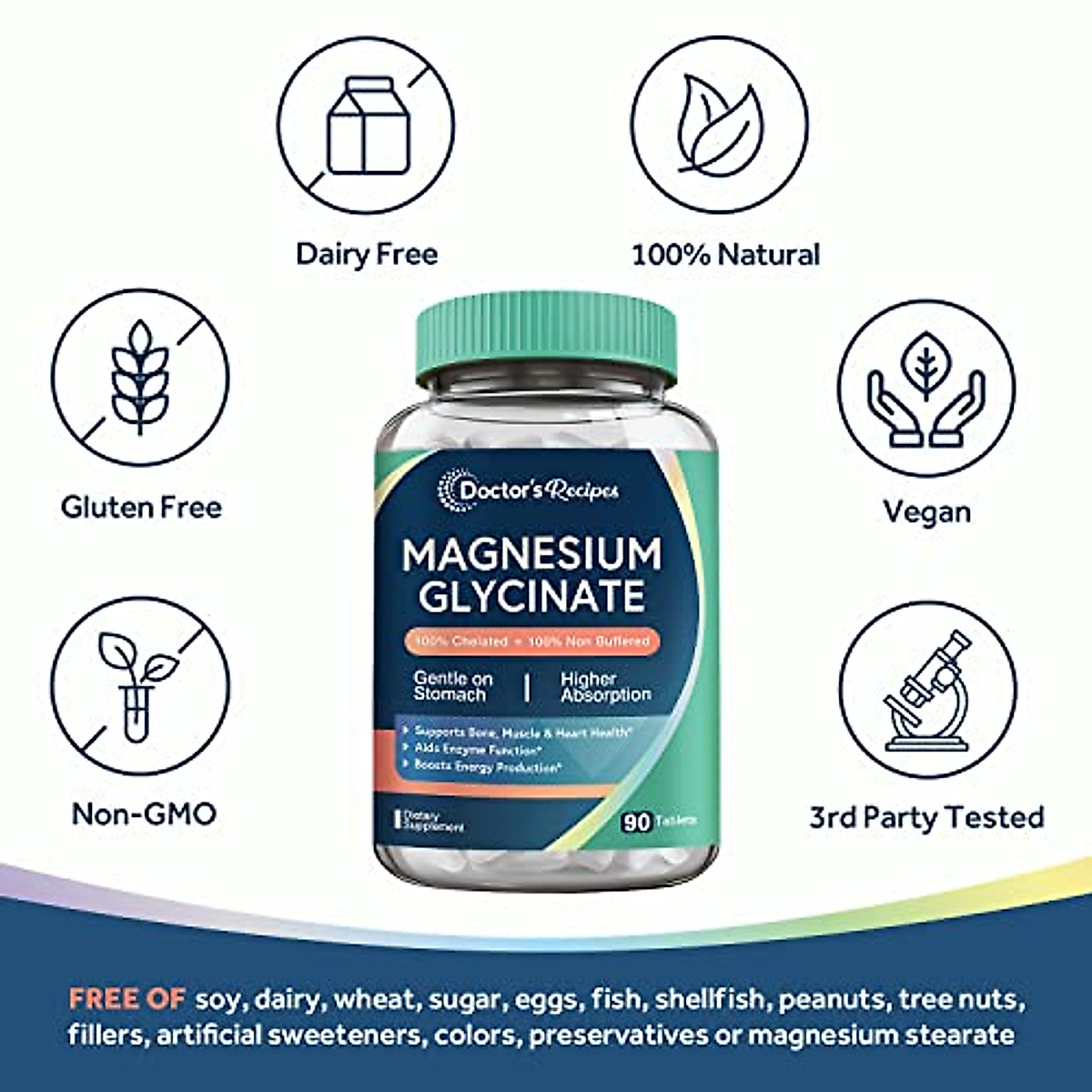 Doctor’s Recipes Magnesium Glycinate, 300mg Elemental Magnesium, Extra Strength, High Absorption, Non-Buffered, Bone, Muscle, Nerve & Energy Support, Non-GMO, No Gluten, Easy On Stomach, 90 Tablets