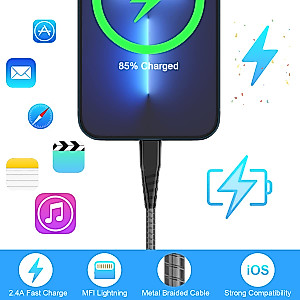 Metal Braided iPhone Charger Cable 6.6Ft/2M Long Lightning Cable Apple MFi Certified Fast Charging iPhone USB Cord iPhone Syncing Data Cable chew Proof for iPhone 13/12/11/X/Max/8/7/Plus/ipad-2 Pack