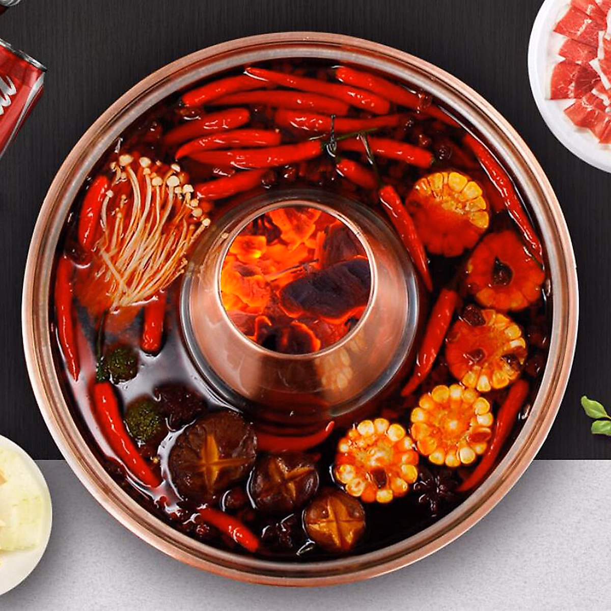 304 Stainless Steel Copper Hot Pot,Old Beijing Charcoal fire Boiler Outdoor Cooker Picnic Cooker Multi-Person Hot Pot,Silver,32cm