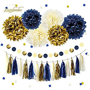 NICROLANDEE Navy Blue Gold Party Decoration Kit Nautical Baby Shower Hanging Pom Poms Paper Garland Party Confetti for Navy Party Get Ready Bridal Shower Wedding Birthday Bachelorette (Navy Gold)