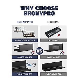 BRONYPRO Magnetic Spice Rack, 2 Pack Magnetic Shelf for Refrigerator, Large Spice Rack, Space Saver for Small Kitchen, Hanging Magnetic Storage With 4 Hooks, for Spices, Plates, Books, Plants（Black）