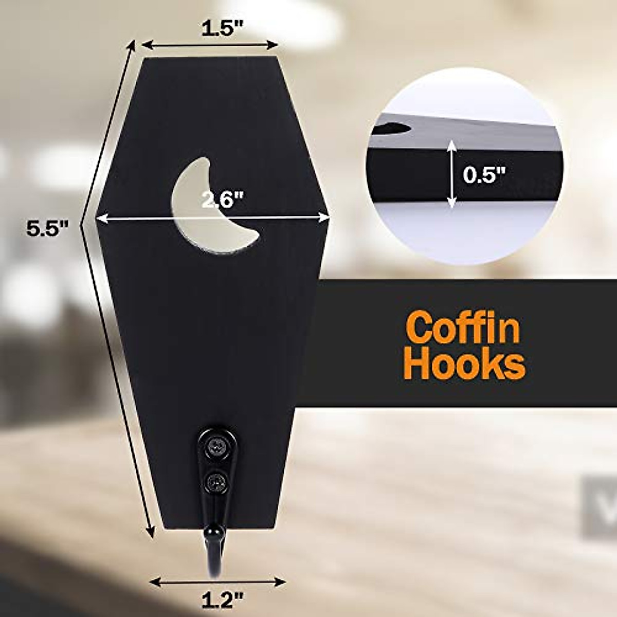 Ella & Emma Wall Mounted Coffin-Shaped Key Holder - Gothic Home Decor Wall Hanger with Hook - Wall Coffin Key Holder with Crescent Moon Cutout - Gothic & Spooky Halloween Decor for Home - 2 Pieces