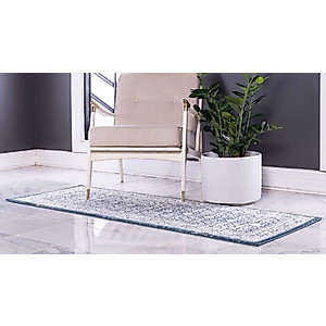 Unique Loom Leila Collection Distressed, Traditional, Vintage, Border, High-Low Pile, Botanical Area Rug, 8' 0 x 8' 0 Square, Navy Blue/Ivory