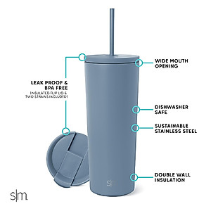 Simple Modern Insulated Tumbler with Lid and Straw | Iced Coffee Cup Reusable Stainless Steel Water Bottle Travel Mug | Gifts for Women Men Her Him | Classic Collection | 24oz | Blue Dune