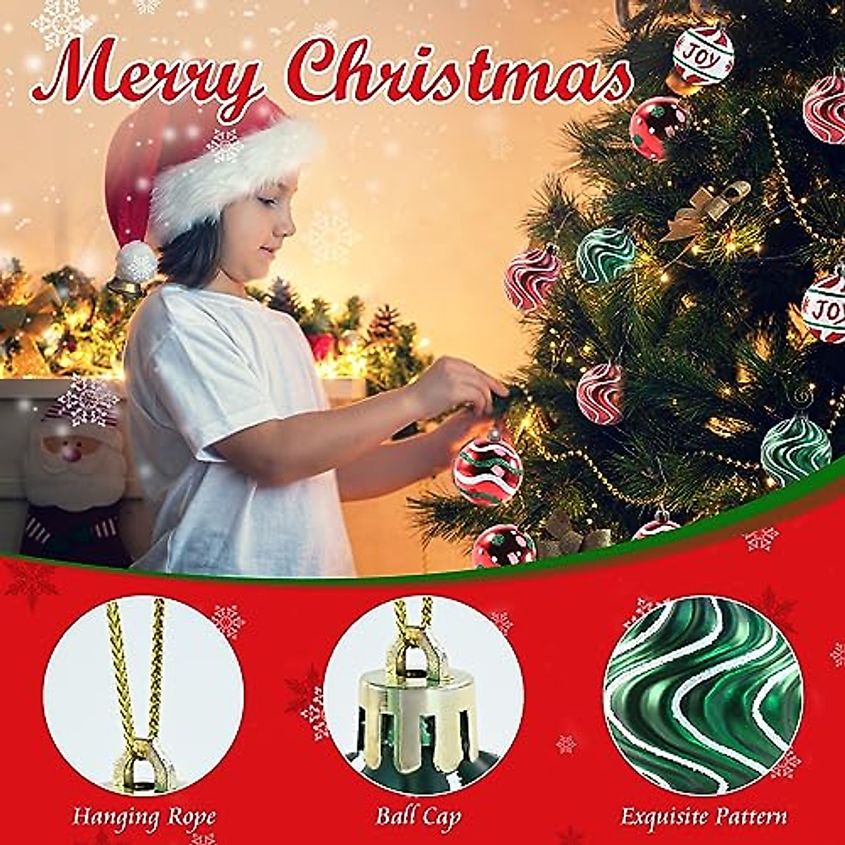 pyntop 30 PCS Christmas Balls Ornaments, 2.36'' Red Green White Christmas Balls, Shatterproof Xmas Balls Decoration for Christmas Tree, Painting & Glittering Christmas Hanging Ball for Party Event
