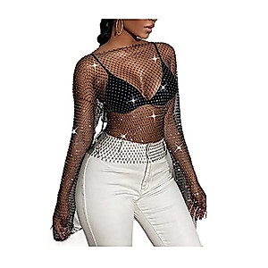 Yokawe Black Fishnet Rhinestone Crop Top, Long Sleeve Mesh Glitter Party Festival Top for Women & Girls