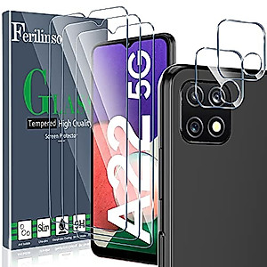 Ferilinso Designed for Samsung Galaxy A22 5G Screen Protector, 3 Pack HD Tempered Glass with 2 Pack Camera Lens Protector [9H Hardness] [Case Friendly] [Anti-Fingerprint] [Easy Installation]