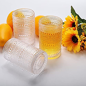 ZOOFOX Set of 6 Vintage Drinking Glasses, 12 oz Clear Hobnail Glasses Tumbler, Embossed Design Glassware for Beverages, Water, Juice, Beer, Cocktail, Whiskey and Milk