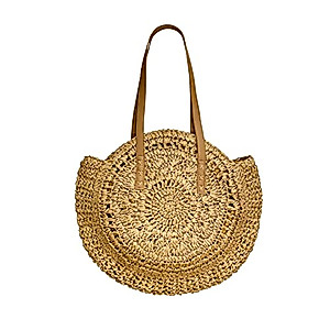 Seamido Straw Bag Handwoven Beach Bags Corn Straw Tote Woven Shoulder Bag For Women (Khaki, Pattern)