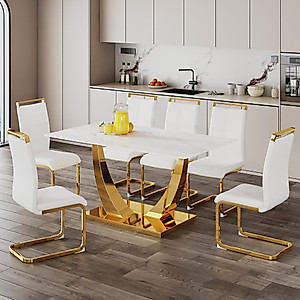 7 Pieces Modern Dining Table Set for 6 People Kitchen Dining Room Table Set Faux Marble Glass Dining Table and 6 White Upholstered Chairs,Dining Kitchen Table Set, Home Kitchen Furniture