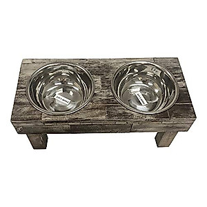 Huntley Equestrian Pet Berjen Table Elevated Double Bowl Pet Feeder, Brown Wash (Large) (02189)