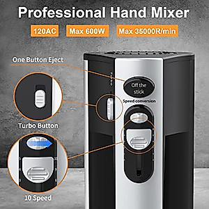 600W Electric Hand Mixer Kitchen Handheld Mixer 10 Speed Powerful with Turbo for Baking Cake Lightweight & Personal Electric Mixer with Egg Baking Beaters Dough Hooks, Whipping Mixing Cookies, Brownies, Batters, Meringues, Mashed Potatoes