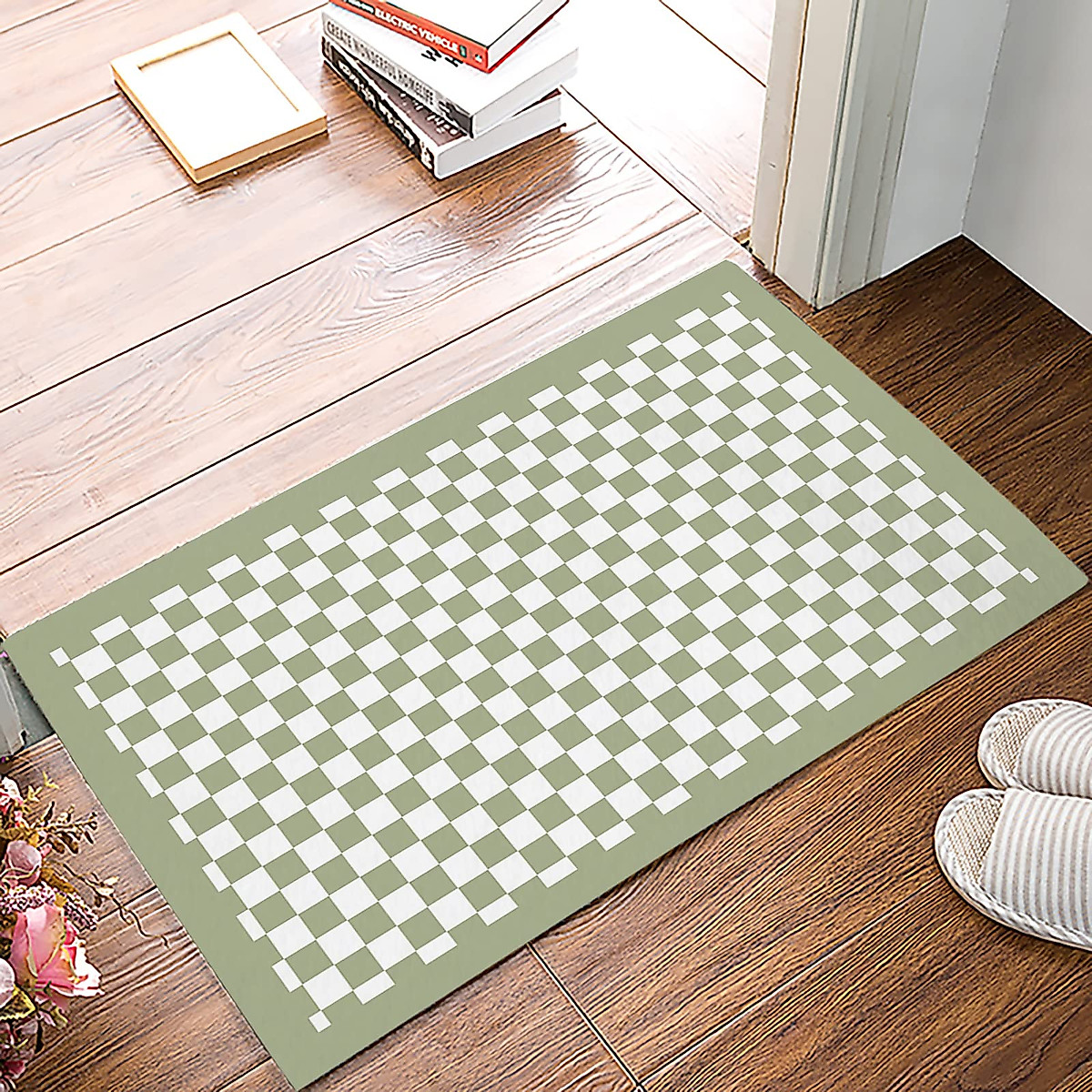 Homechoid Sage Green Plaid Front Door Mat for Indoor Entrance Country French Rustic Buffalo Check Absorbent Doormat for Bathroom/Garage/Kitchen/Entry/Back, Washable, 18x30 Inche