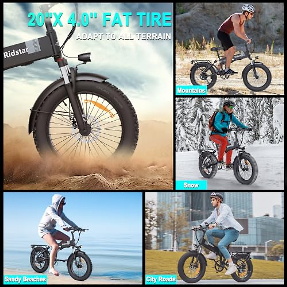 Ridstar Electric Bike for Adults, 1000W 48V 15Ah 30MPH 50 Miles E Bike, 20" x 4.0 Fat Tire Mountain Bike Dual Shock Absorber 7-Speed Foldable Bicycle