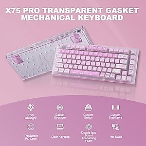 YUNZII X75 PRO 82 Key Wireless Hot Swappable Mechanical Gaming Keyboard with Transparent Keycaps,BT5.0/2.4G/USB-C, Gasket Mount Keyboard,for Windows/Mac (Crystal White Switch, Wireless-Pink)