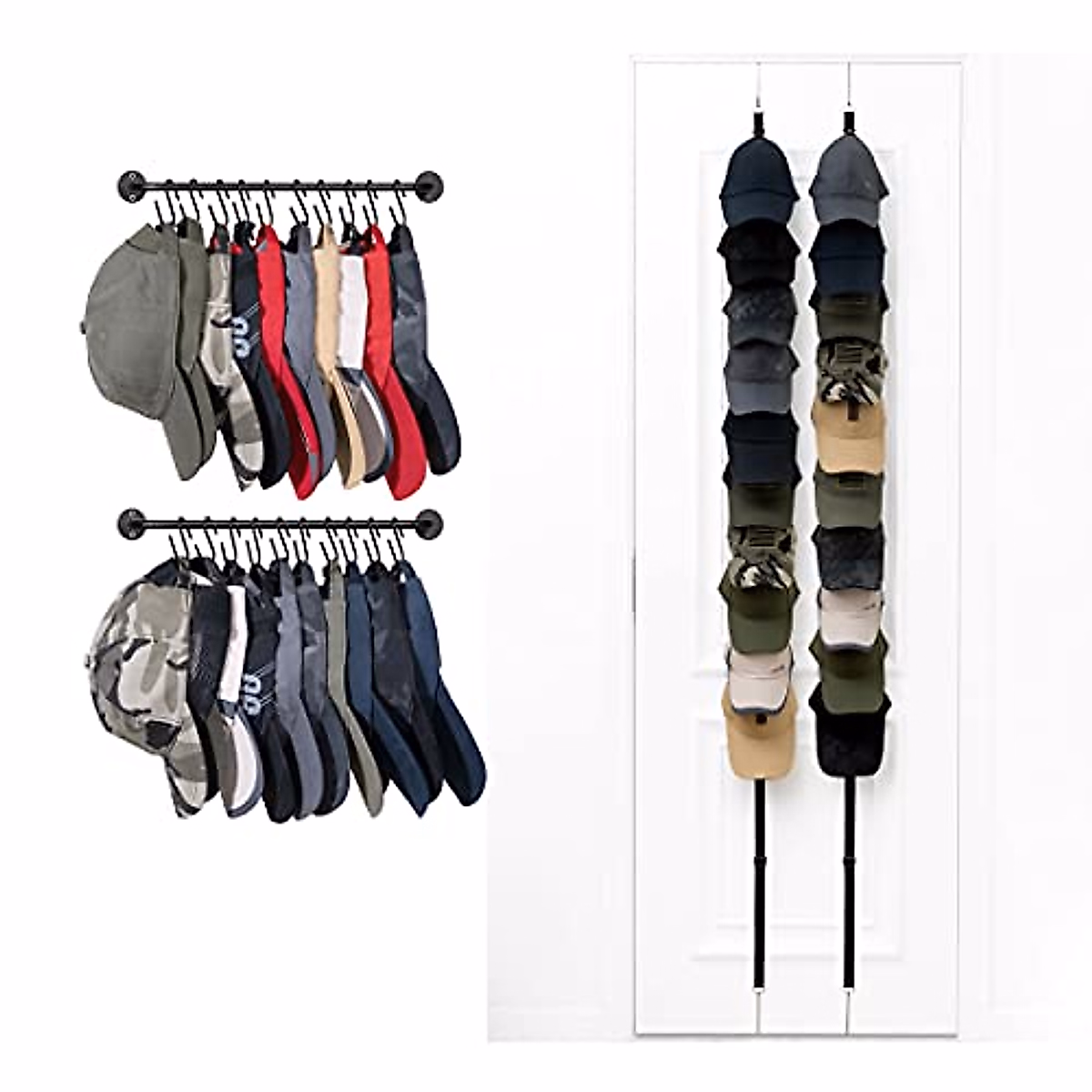 Mkono Hat Rack Baseball Cap Organizer for Wall and Door 2 Straps and Baseball Cap Organizer Hanger with 20 Hooks