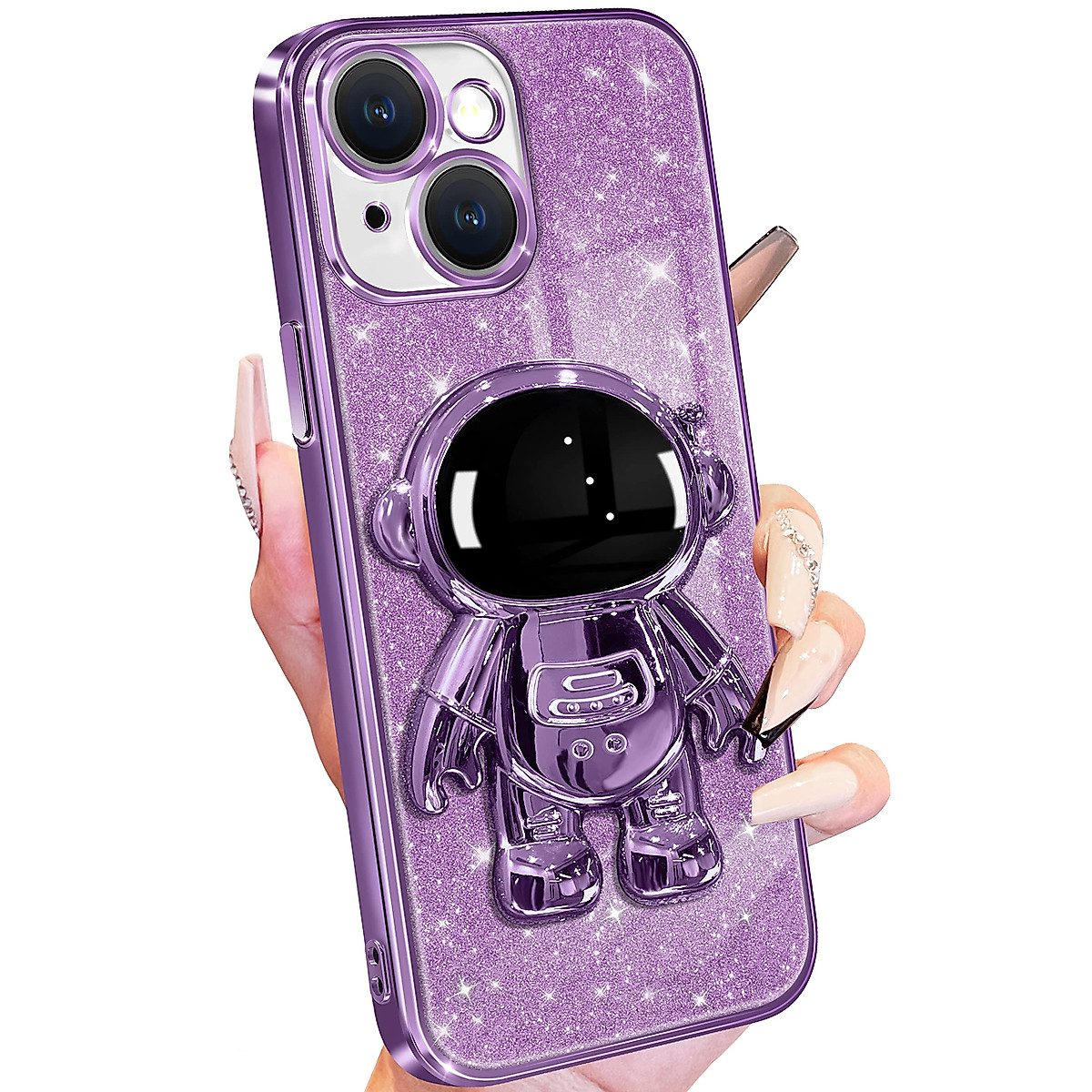 Buleens Astronaut iPhone 13 Mini Case, Clear with Glitter & Spaceman Stand, Purple