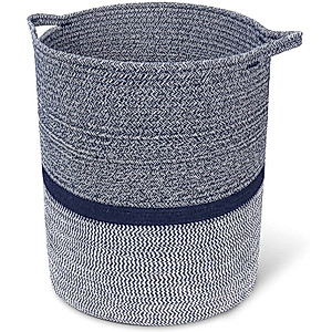 INDRESSME Large Cotton Rope Storage Basket Baby Laundry Basket Woven Baskets Blanket Basket with Handle for Diaper Toy Off White Home Decor 14.2'' x 13.4'' x 16.2'', Navy