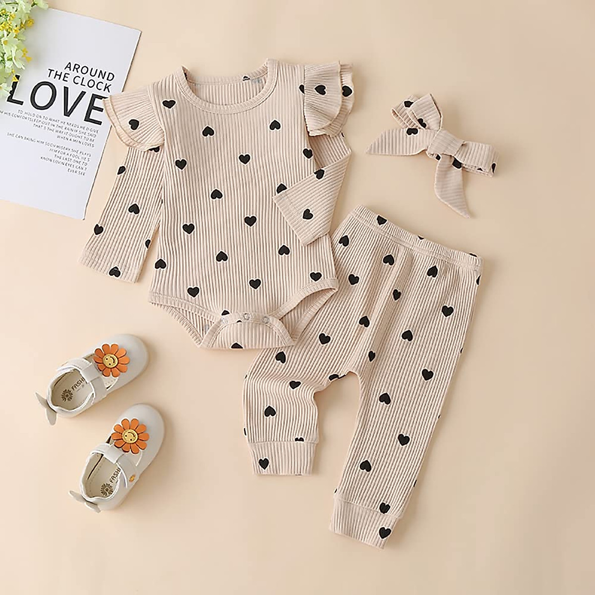 Baby Girl Clothes Infant Girls Outfits 3PC Rib Frill Long Sleeve Romper Pants Headband Set (Apricot, 6-9 Months)