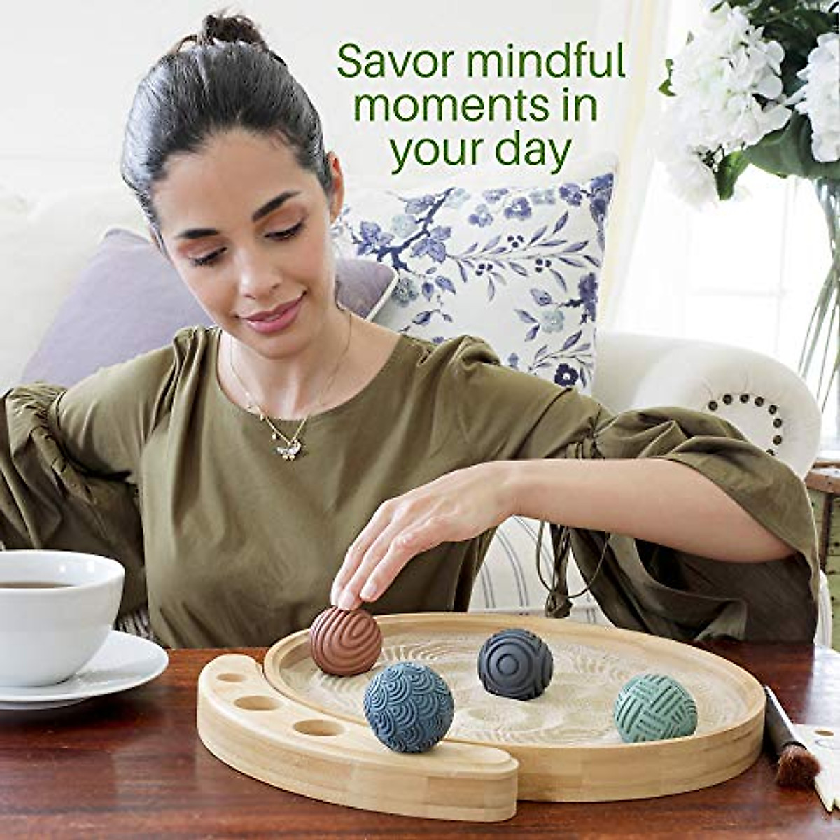 ENSO - Japanese Zen Garden Kit for Desk - Sand Garden Tools and Accessories Box Set for Office Desktop - 12” Large Round Bamboo Tray, 4 Stamp Spheres, Natural Sand, Rake - Mini Zen Decor Gifts